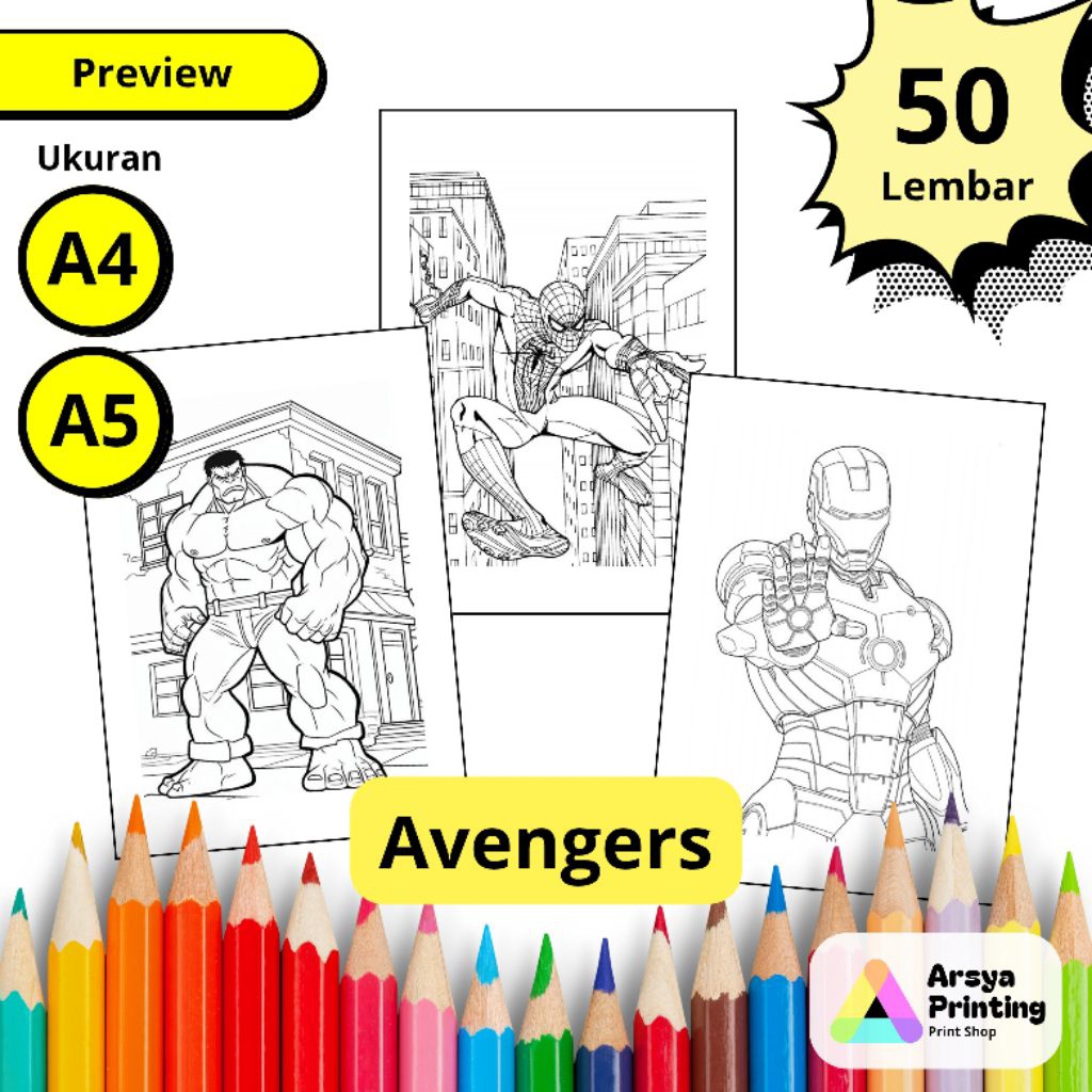 Jual 50 Lembar Kertas Mewarnai Anak Tema Avengers Super Hero Spiderman ...