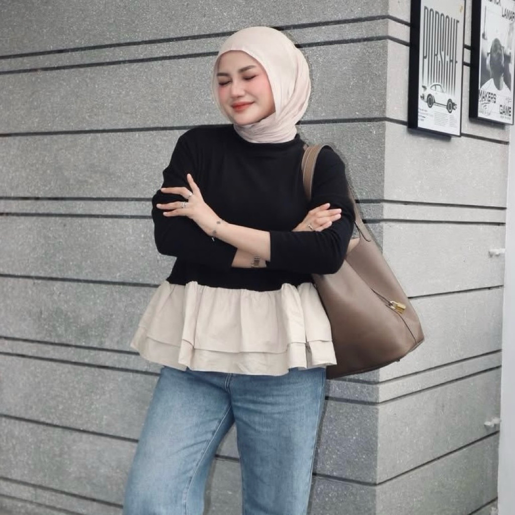 Jual Floral Id - Blouse Peplum Knit Mix Poplin Nerina Blouse Rample ...