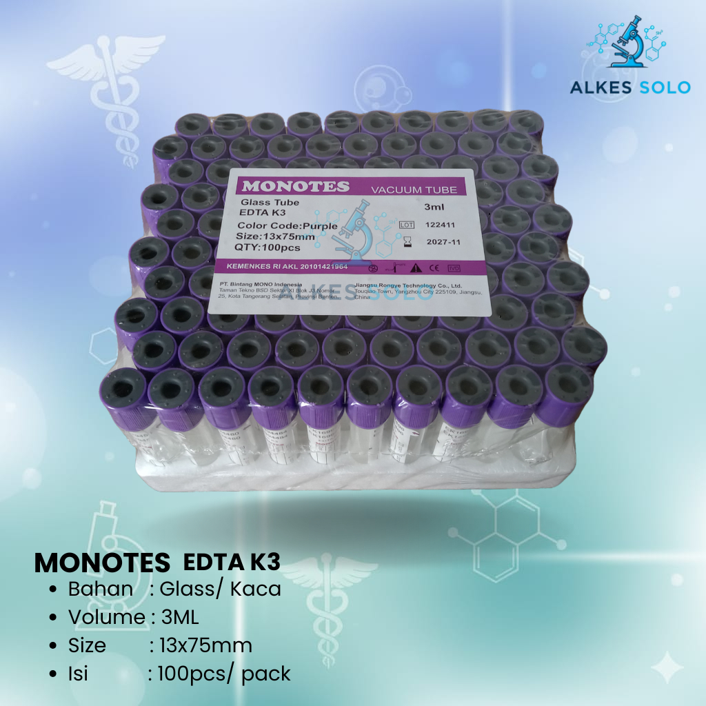 Jual TABUNG VACUUM TUBE K3 EDTA 3ML GLASS | MONOTES (100pcs/BOX ...