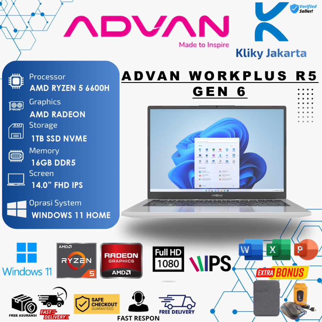 Jual LAPTOP ADVAN Workplus AMD RYZEN 5 6600H 14'' FHD IPS 16GB 512GB ...
