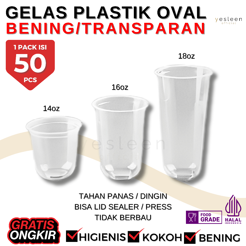 Jual [50 PCS] 1 PACK Gelas Plastik OVAL 12 0z|14oz |16oz |18oz | Gelas ...