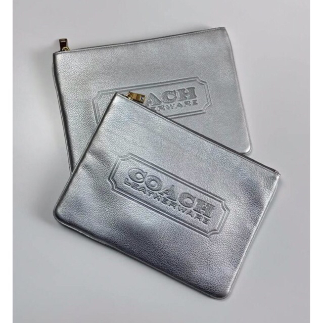 Jual Tas Branded Ch Large Tech Pouch Silver Metallic Leather | Shopee ...