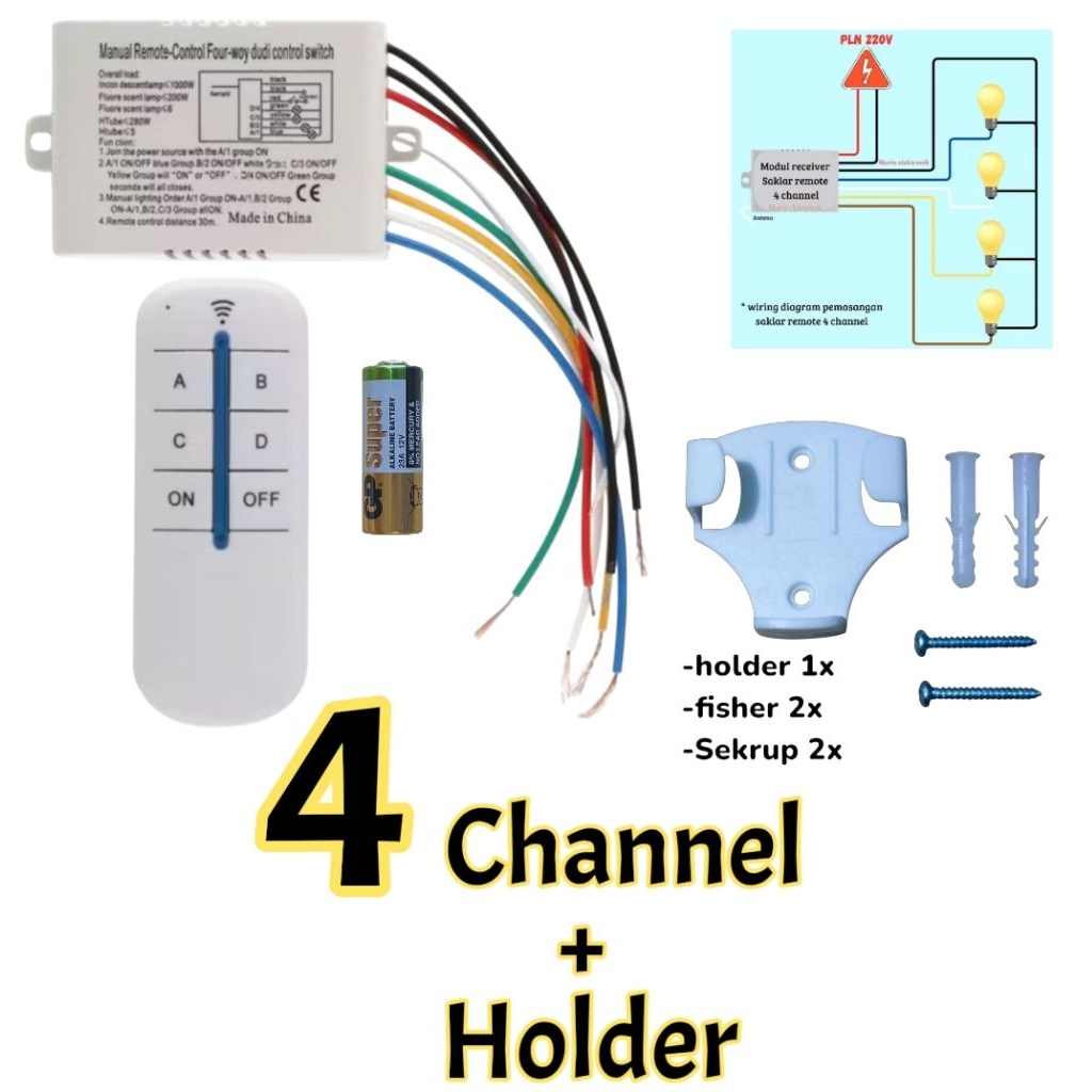 Jual saklar remote 4 channel 220v 4x1000w / remote control switch 4 way ...
