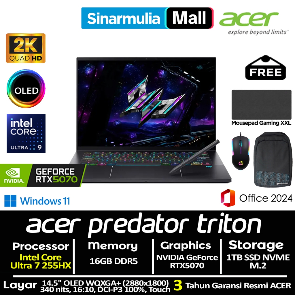 Jual ACER Predator Triton 14 AI PT14-52T Ultra 9 288V RTX5070 1TB SSD ...