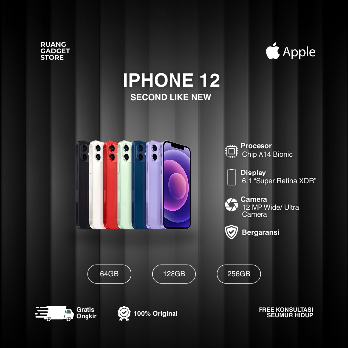Jual IPHONE 12 SECOND LIKE NEW 64GB 128GB 256GB Hitam Hijau Biru Ungu ...