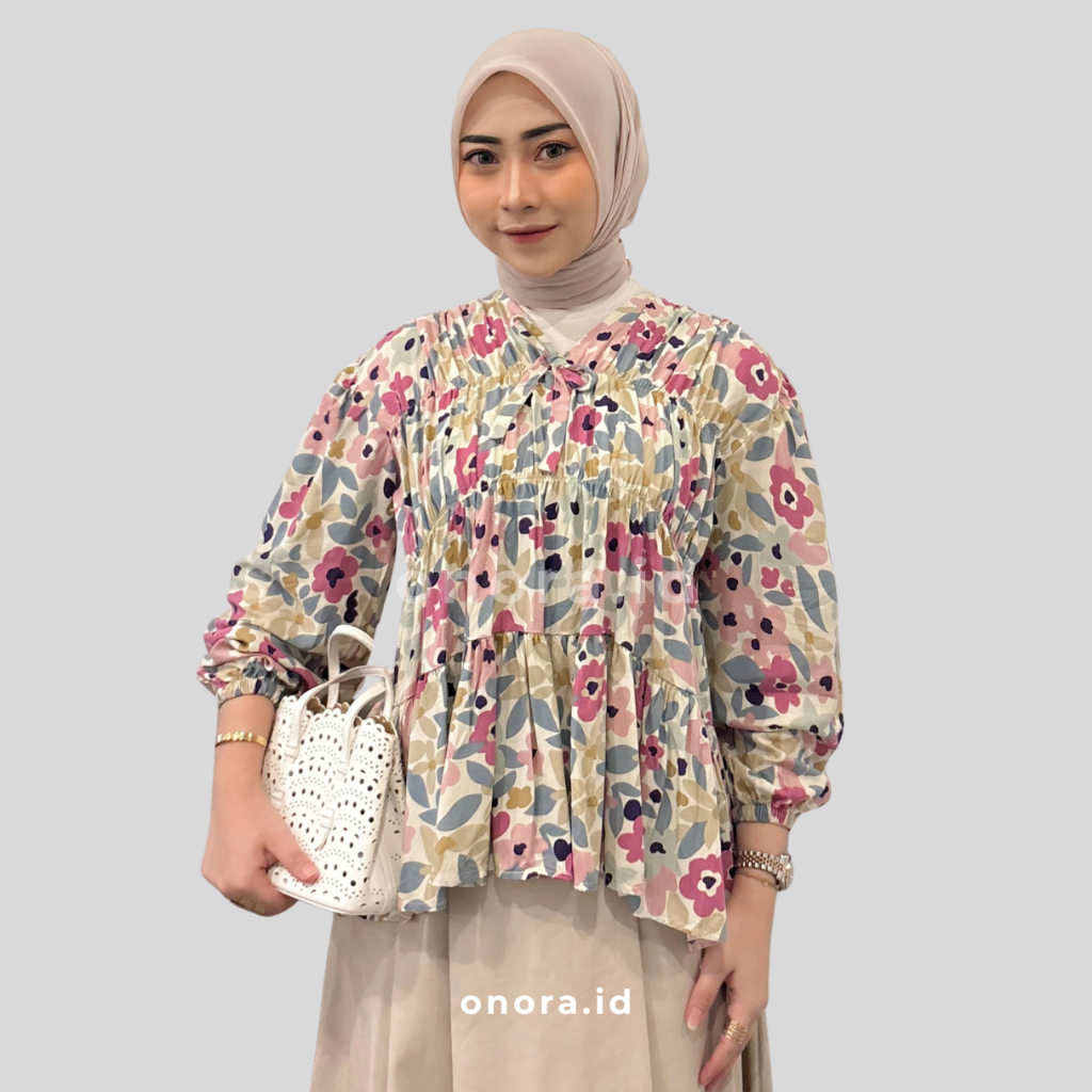 Jual Onora - Blouse Wanita Rayon Motif Bunga Atasan Baju Kerut Lengan ...