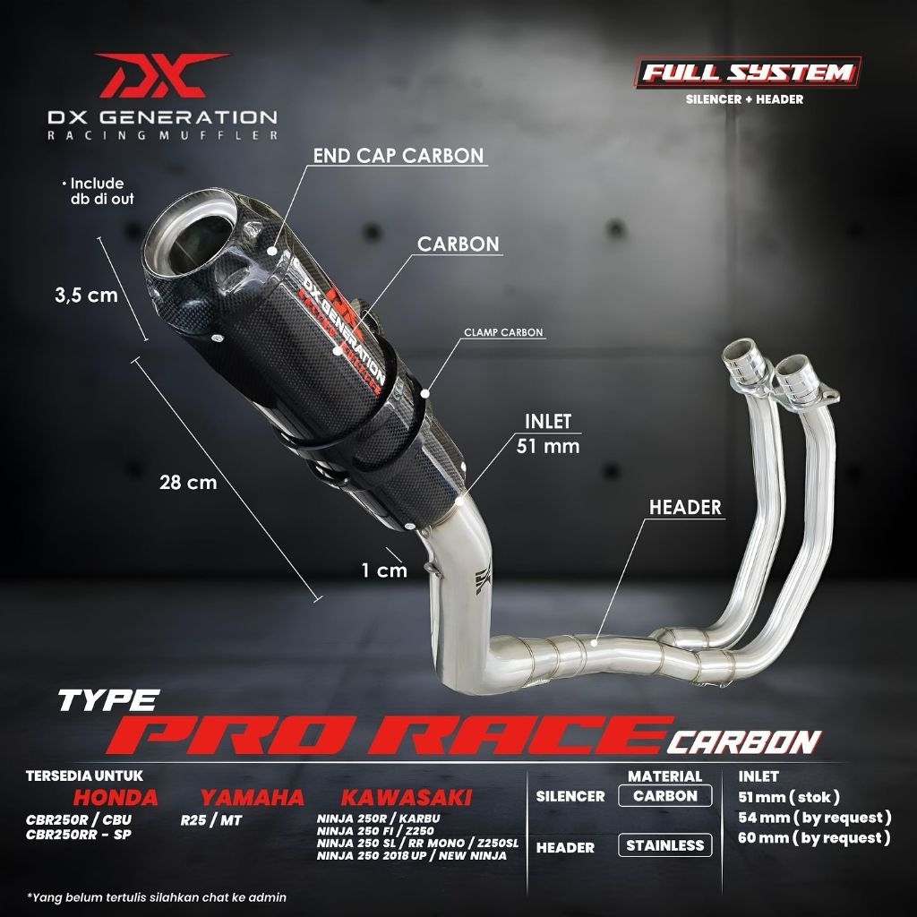 Jual Knalpot ORIGINAL DX Pro Race Carbon (FULL SYSTEM) R25, MT25, CBR ...