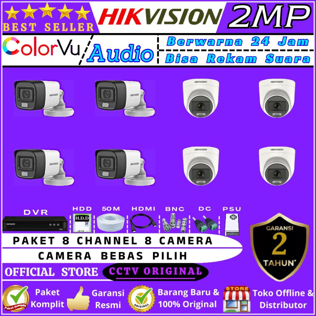 Jual PAKET CCTV HIKVISION 2MP COLORVU AUDIO 8 CHANNEL 8 CAMERA LENGKAP ...