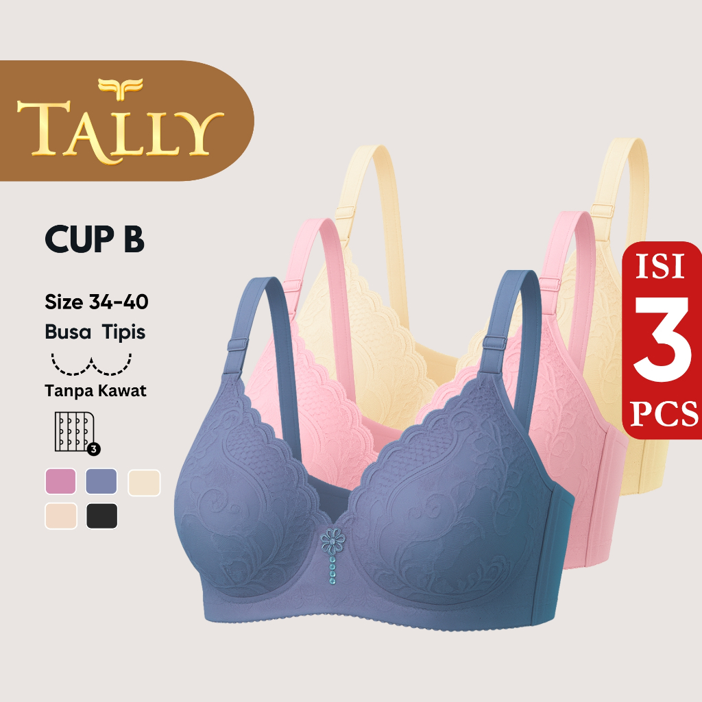 Jual TALLY Paket 1 Pcs atau 3 Pcs Bra Tanpa Kawat Busa Tipis Bahan Katun Brokat Cup B Kait 3 Bra ...