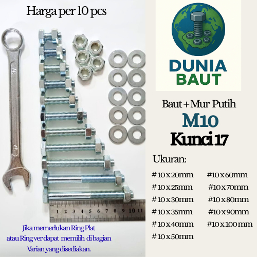 Jual (10 pcs) Baut Mur Putih, Ukuran M10 Kunci 17,Bahan Galvanis Anti ...