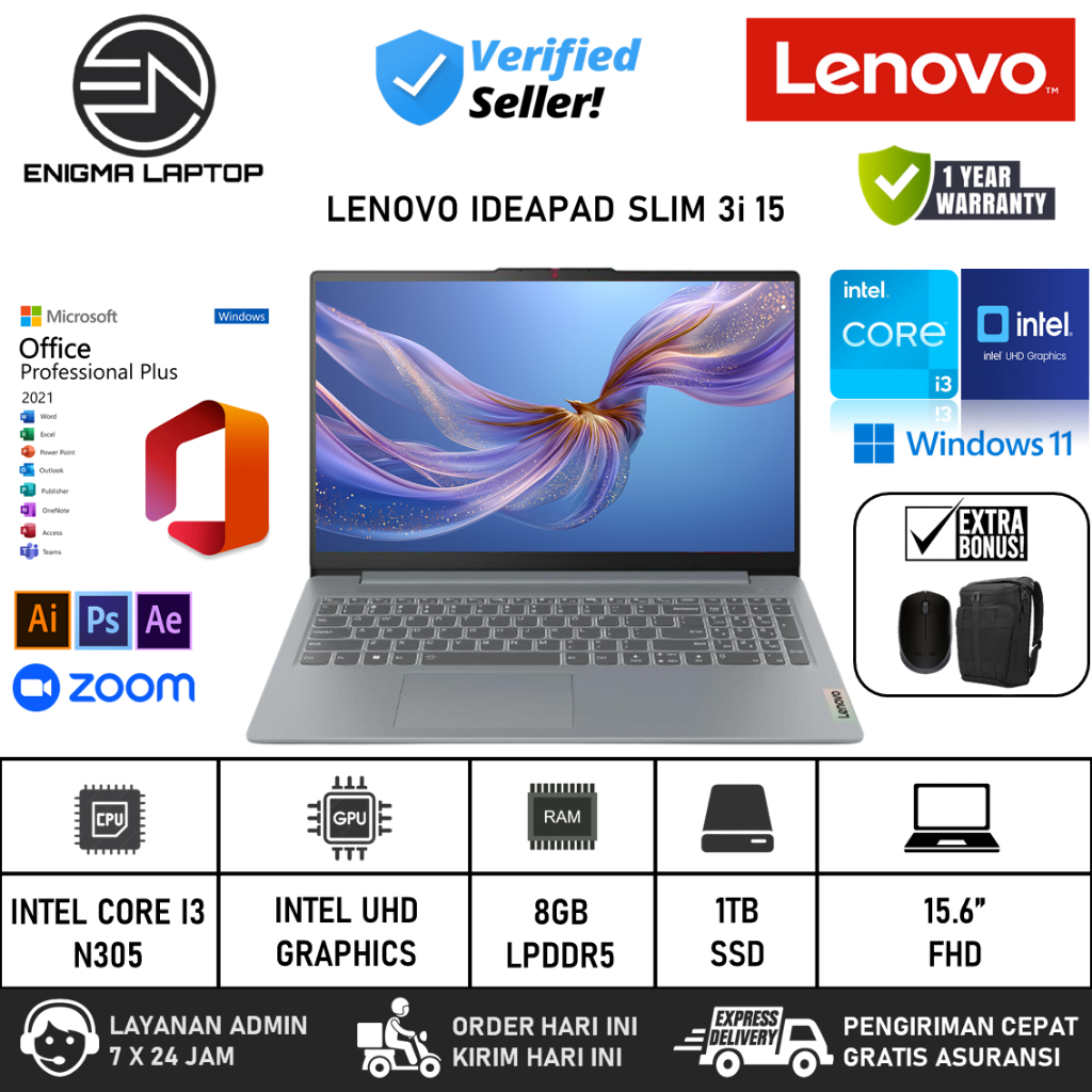 Jual Laptop Lenovo Ideapad Slim 3i 15 Intel Core i3 N305 Ram 8GB DDR5 ...