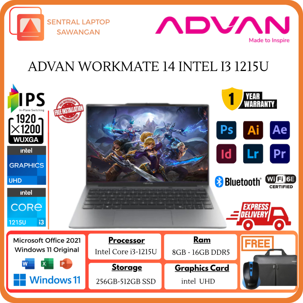 Jual NEW ADVAN WORKMATE Intel Core i3-1215u Ram 16Gb SSD 512Gb 14 INCH ...