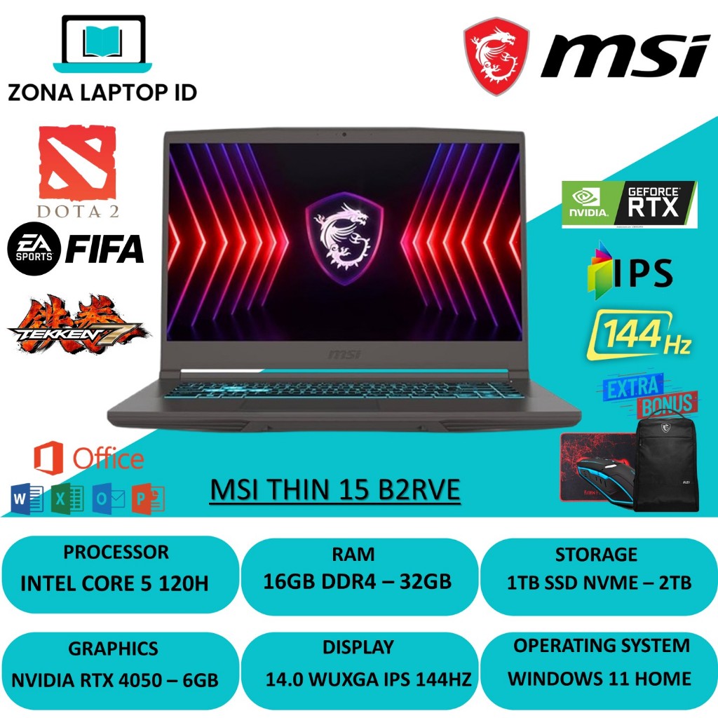Jual MSI THIN 15 B2RVE Gaming Intel 5 210H RTX4050-6GB 32GB 1TB 15.6 ...