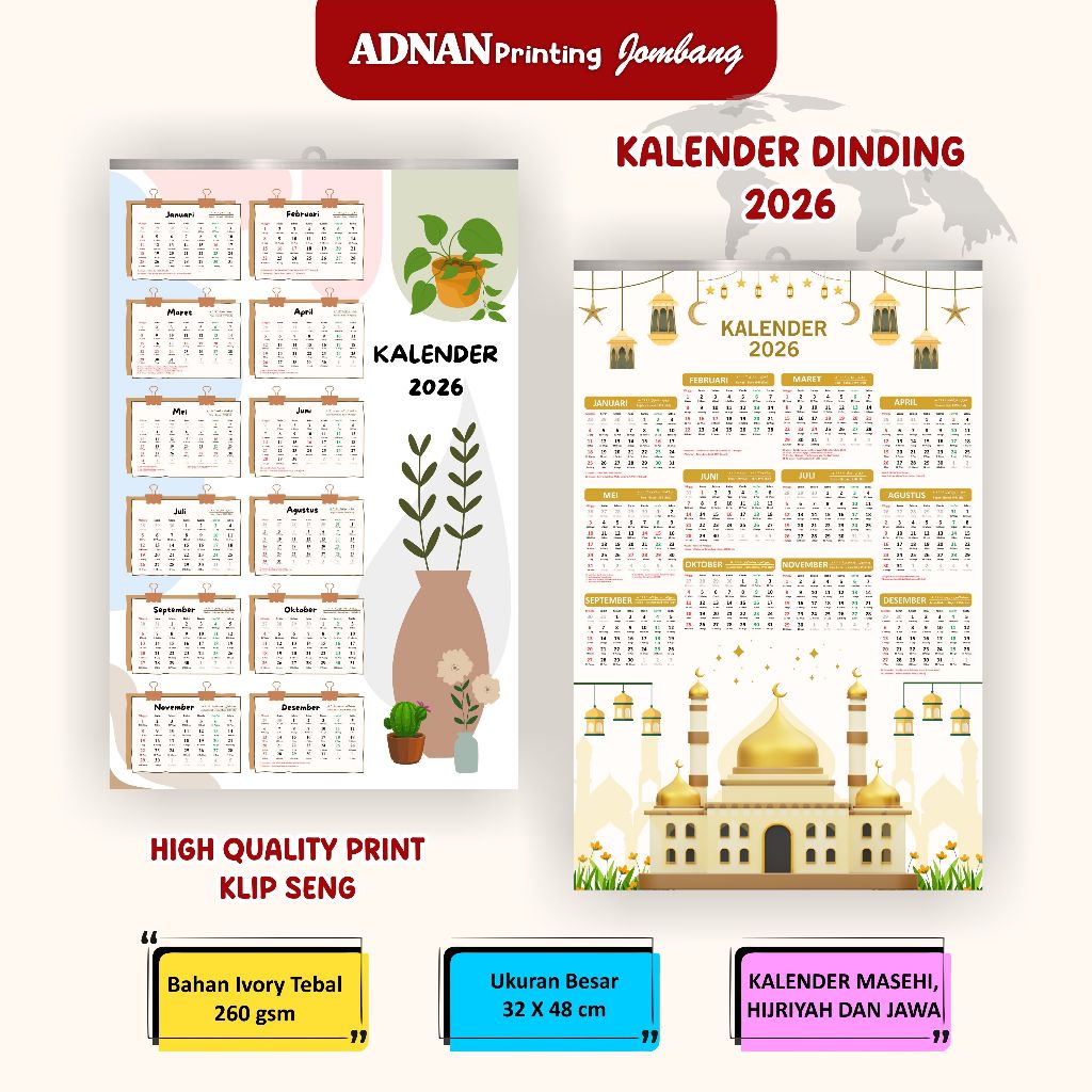 Jual Kalender Dinding 2026 Aesthetic 1 Halaman Ukuran A3+ 32x48 cm ...