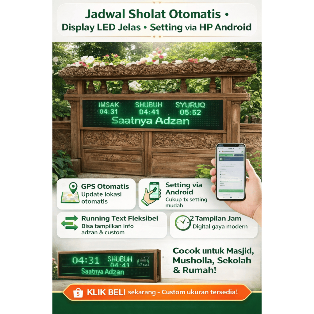 Jual Jam Masjid Digital LED Running Text Jadwal Sholat Otomatis GPS ...