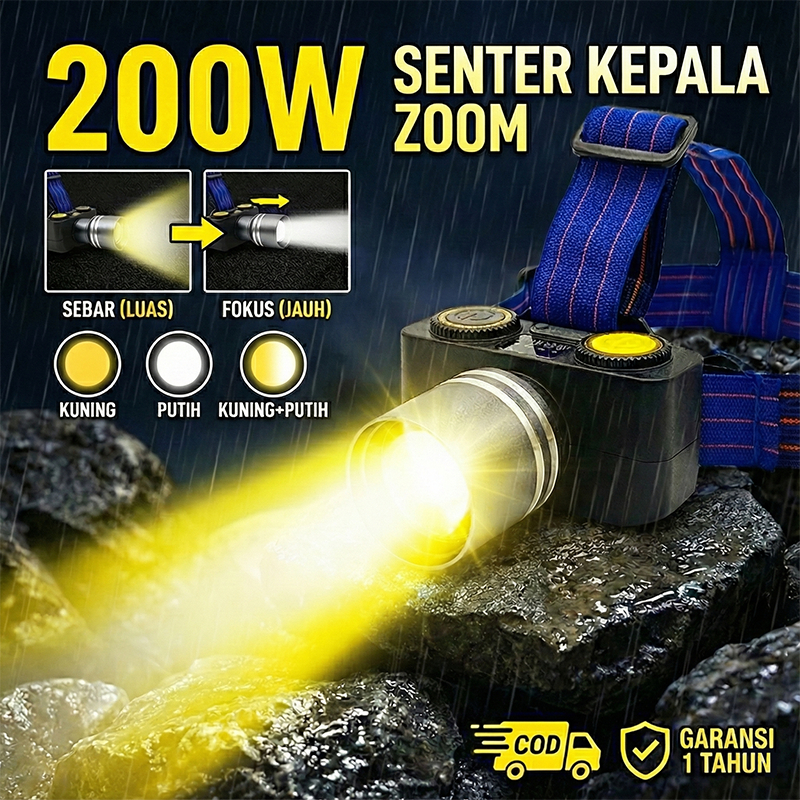 Jual Senter Kepala LED Zoom 200W Super Terang 2 Warna Putih & Kuning ...