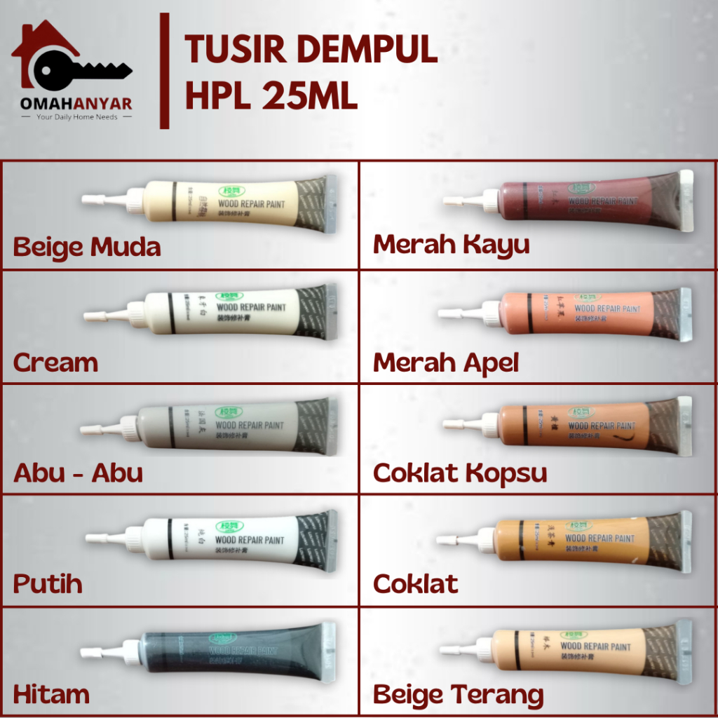 Jual TUSIR DEMPUL/CAT PERBAIKAN KAYU HPL 25ML - Berbagai Pilihan Warna ...