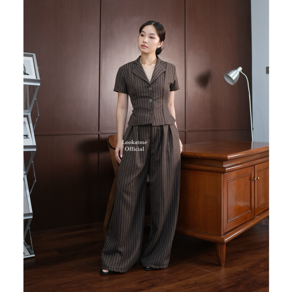 Jual NEW YORK SET - Setelan One Set Wanita Atasan Celana Kulot Salur ...