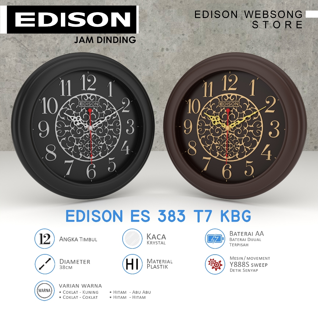 Jual Jam Dinding Edison Sweep ES 383 T7 KBG Diameter 380mm 38cm ...
