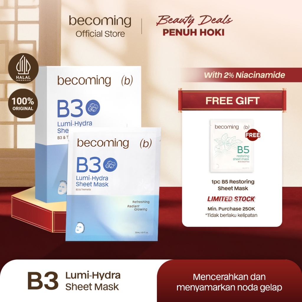 Jual [HOT SALE] becoming B3 Lumi-Hydra Sheet Mask 30ml 2% Niacinamide ...