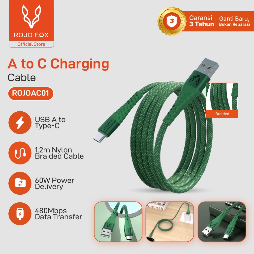 Jual ROJO FOX Kabel USB Type-C Fast Charging 60W | USB-A ke USB-C 1.2M ...