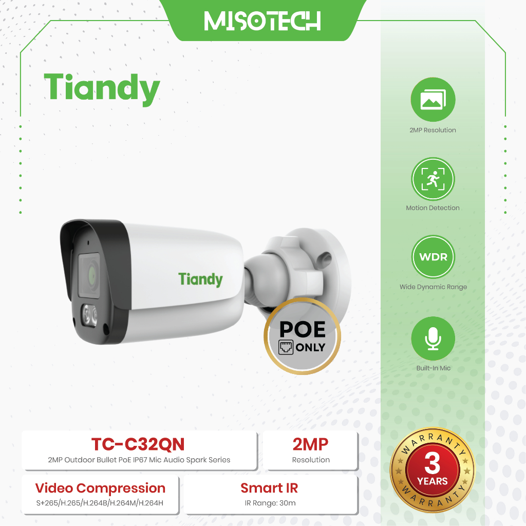 Jual Tiandy TC-C32QN IP CCTV 2MP Outdoor Bullet PoE IP67 Mic Audio ...