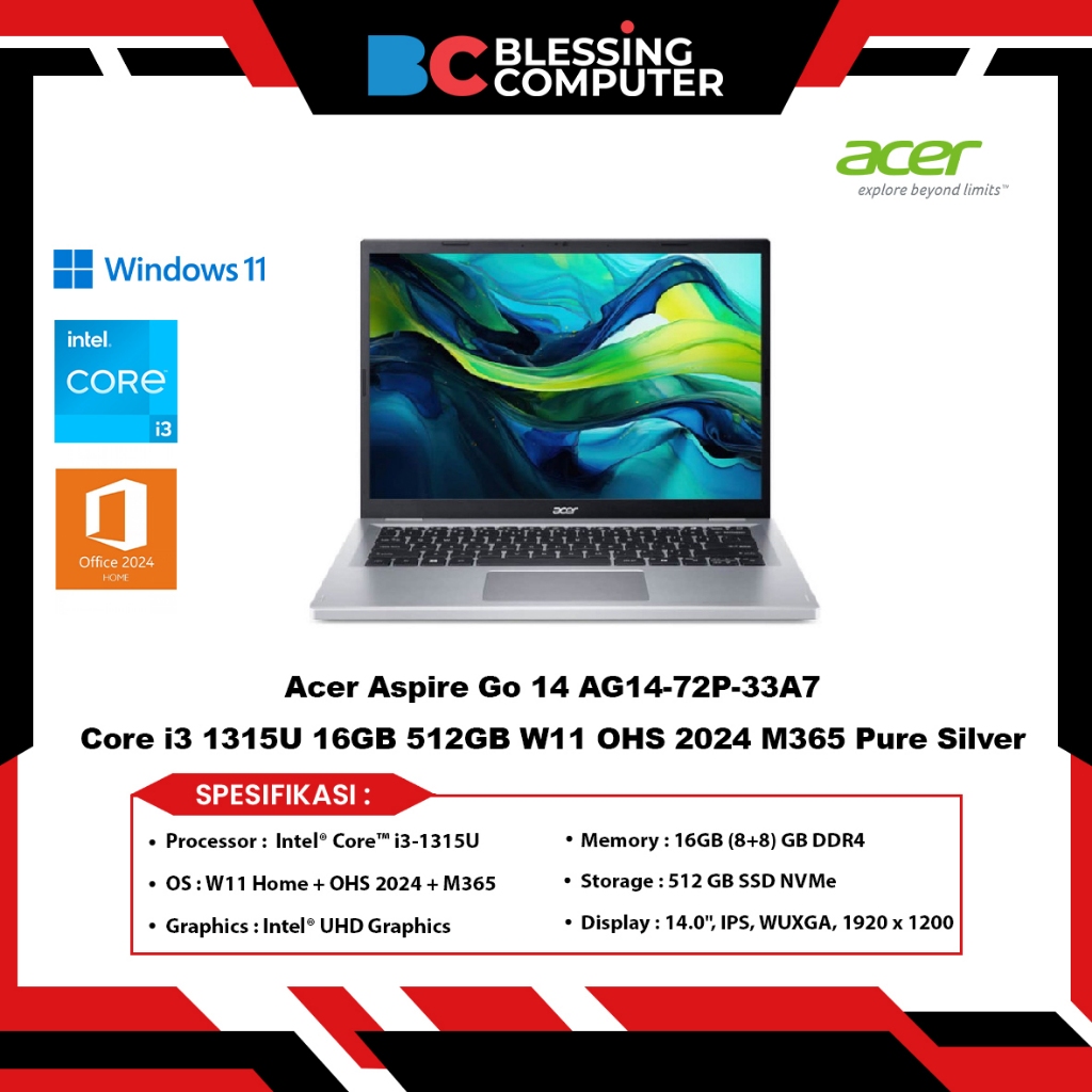 Jual Acer Aspire Go 14 AG14-72P-33A7 Core i3 1315U 16GB 512GB W11 OHS ...