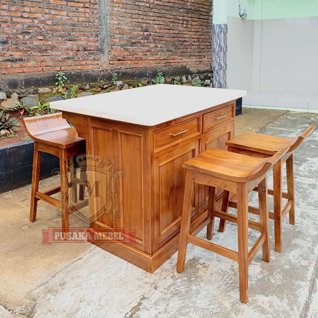 Jual custom minibar kayu jati top marmer set 4 kursi, meja island top ...