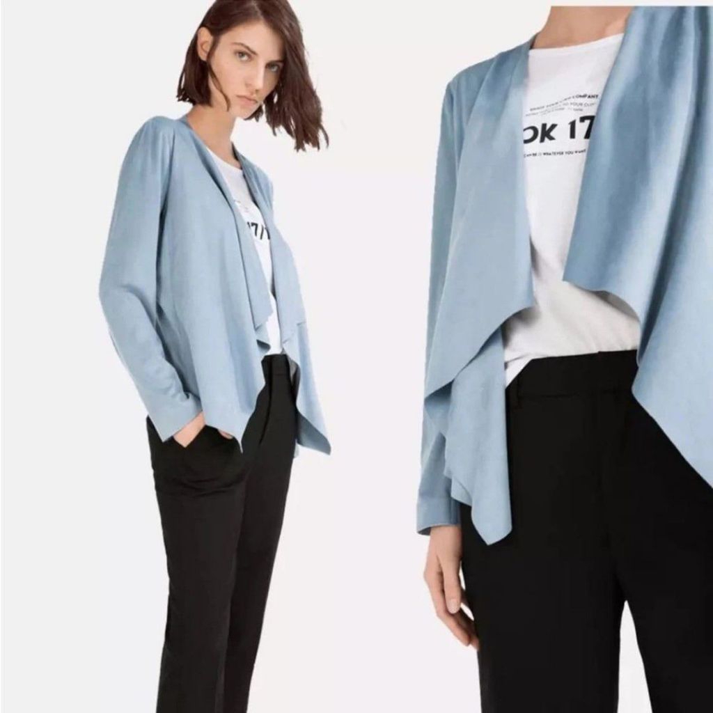 Jual Zara Women’s Light Blue Faux Suede Soft Open Front Jacket Stretch ...