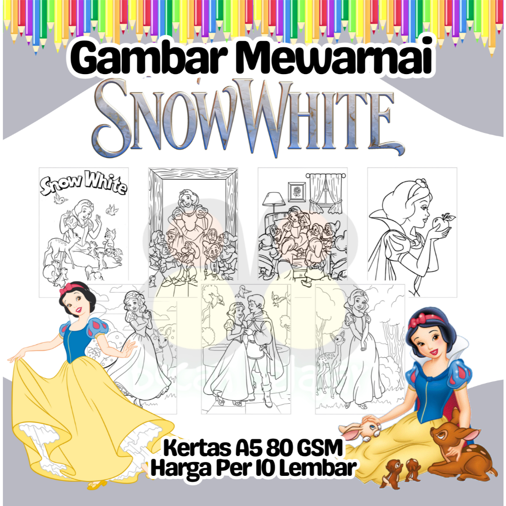 Jual 10 Lembar Kertas A5 Gambar Mewarnai Tema PRINCESS SNOW WHITE DISNEY PUTRI SALJU Termurah ...