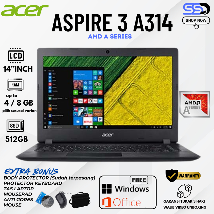 Jual ACER ASPIRE 3 A314 AMD Aseries RAM 8GB-SSD 512GB 14" HD W 10 free ...