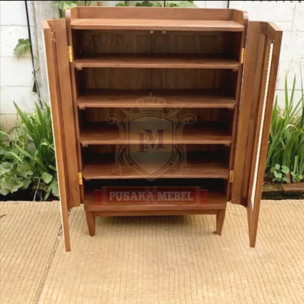Jual lemari rak sepatu kayu jati kombinasi rotan, almari rak sepatu rak ...