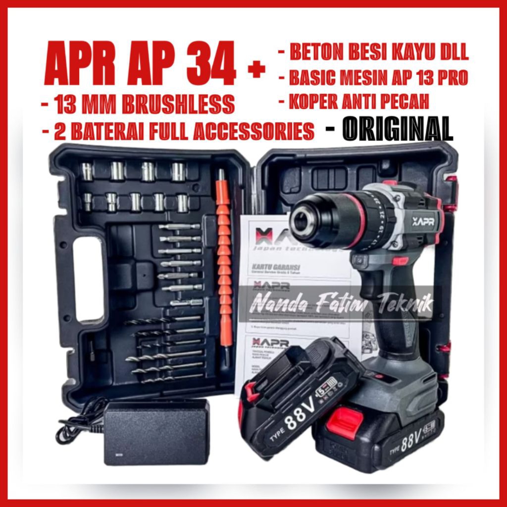 Jual APR JAPAN AP 34+ 13 MM Mesin Bor Baterai Brushless 2 Baterai 88vf ...