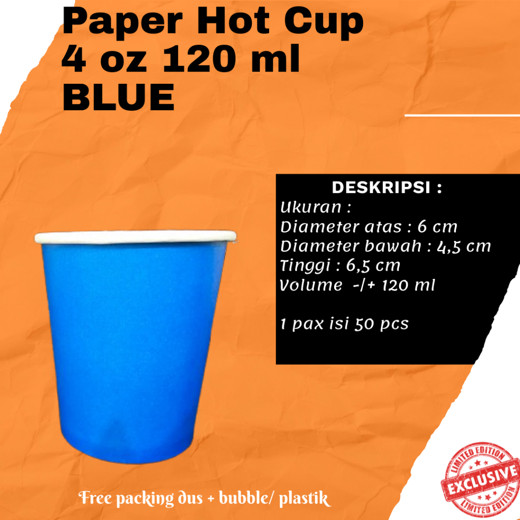 Jual Gelas Kertas Paper Hot Cup 4 oz 120 ml Blue Biru isi 50 Pcs bisa ...