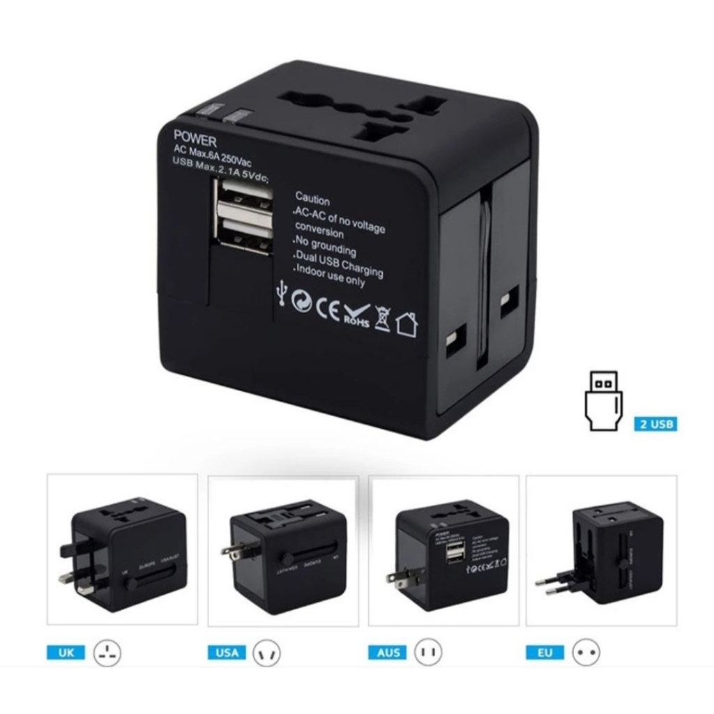 Jual Travel Adaptor Universal Plug EU UK US/AUST 2.1A USB A Port - JY ...