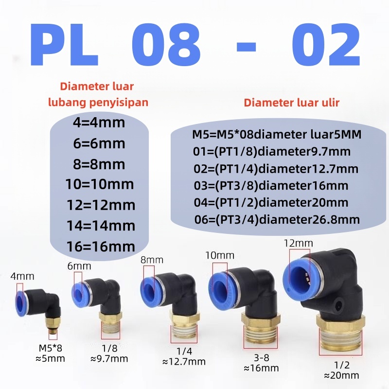 Jual Fitting Elbow Drat Luar Male M5 1/8 , 1/4 , 3/8 , 1/2 Pneumatic ...