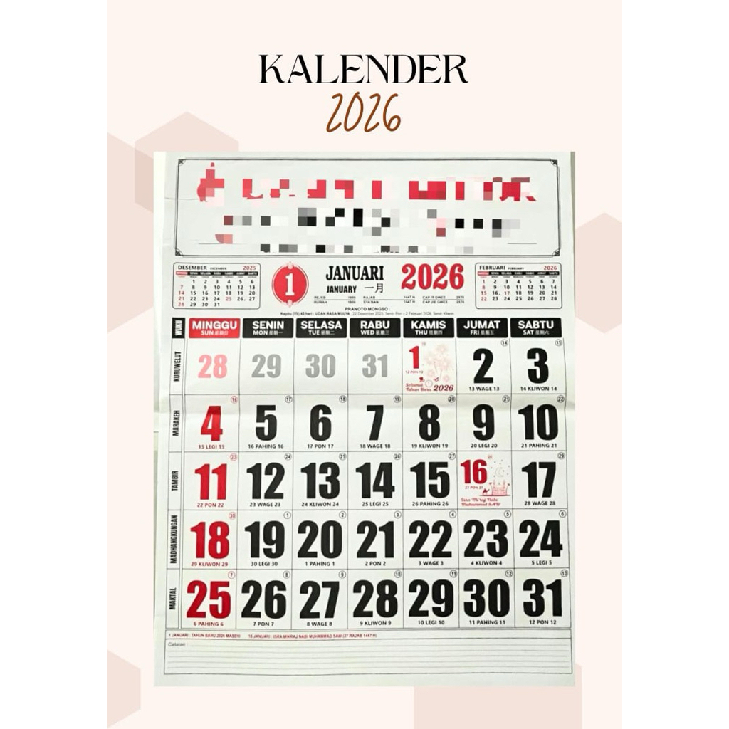 Jual Kalender Dinding Jumbo 2026 Ukuran 50x65cm Bahan Kertas HVS ...