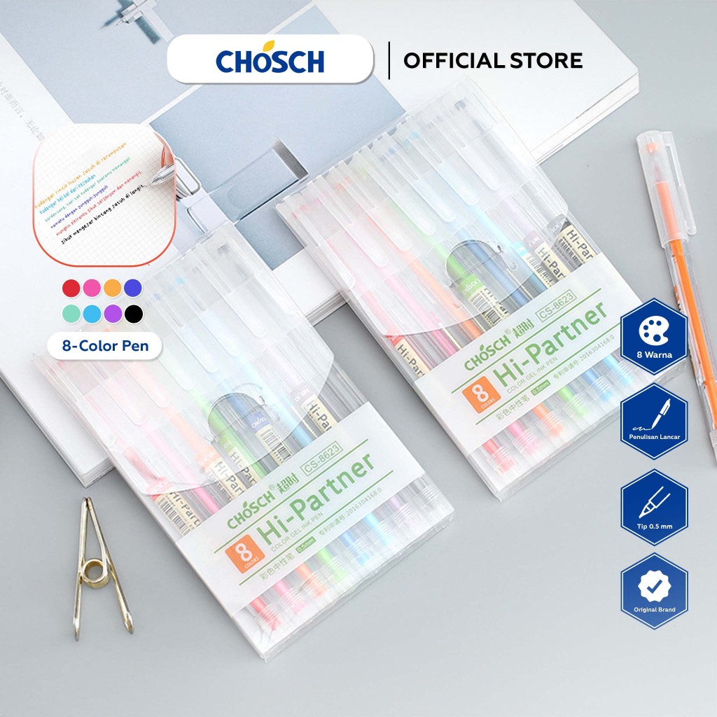 Jual [BARU] CHOSCH Pulpen Gel 8 Warna 1 Set / Color Gel Pen 0.5 mm Gel ...