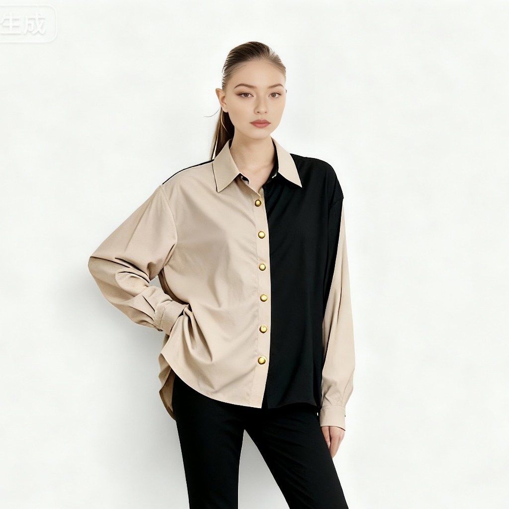 Jual [Anniversary Picks] Kemeja Wanita Two Tone Hitam Beige 5468 - MEIN ...