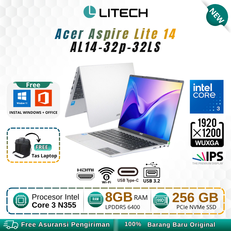 Jual Laptop Acer Aspire Lite 14 AL14 32p Intel Core 3 N355 Ram 8GB DDR5 ...