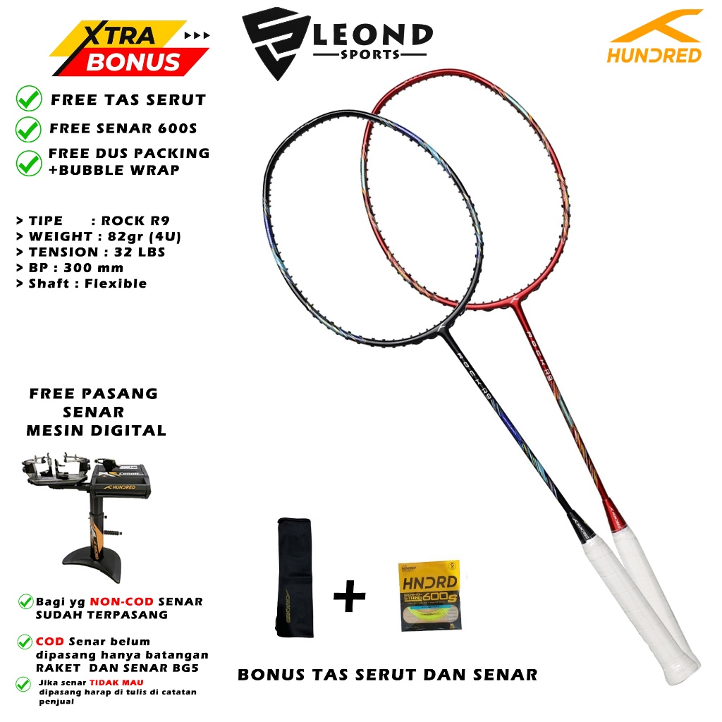 Jual Gratis Tas dan Senar Raket Badminton Hundred Rock R9 XSaber 7 ...