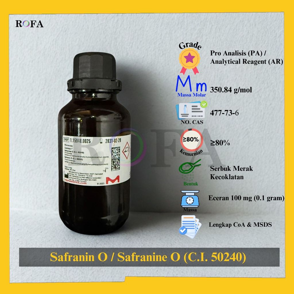 Jual Safranin O / Safranine O (C.I. 50240) / C20H19ClN4 Pro Analisis ...