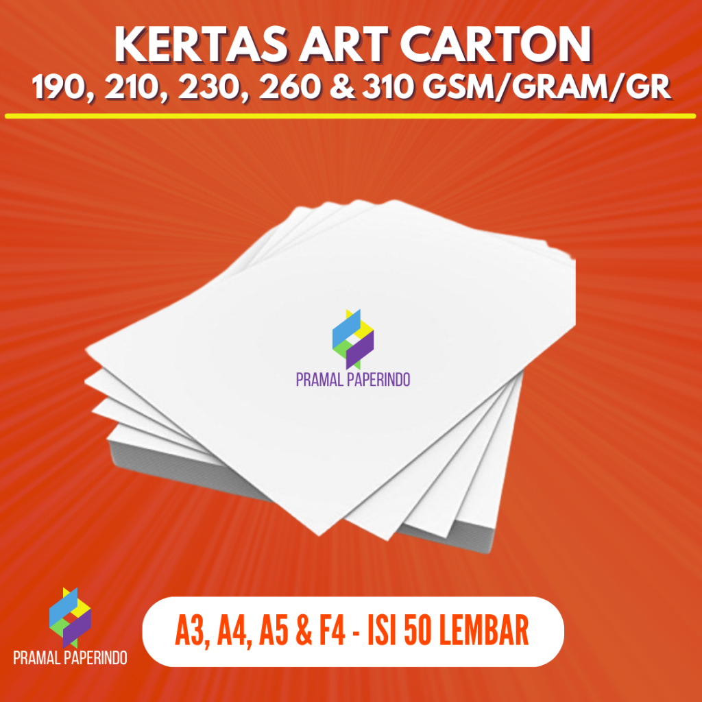 Jual [50 LBR] Kertas Art Carton 190, 210, 230, 260, & 310 gsm A4, F4 ...