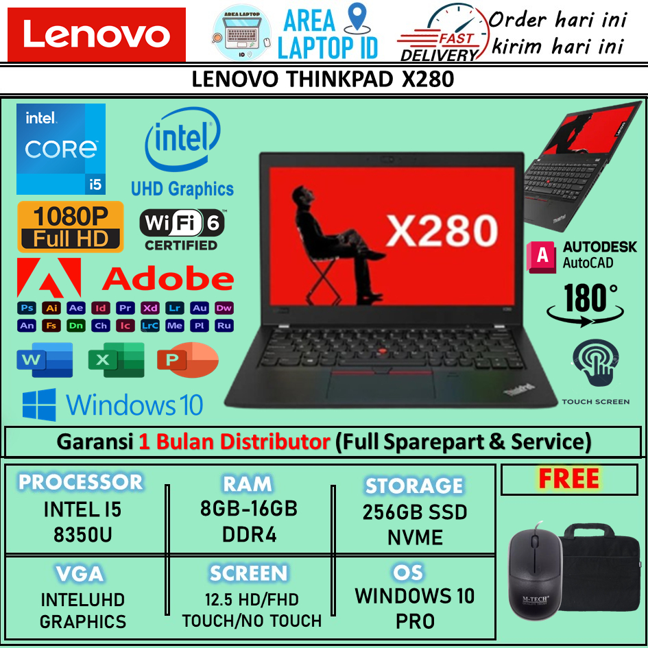 Jual Laptop Slim Lenovo Thinkpad X280 INTEL I5 8250U RAM 16GB 256GB 12. ...