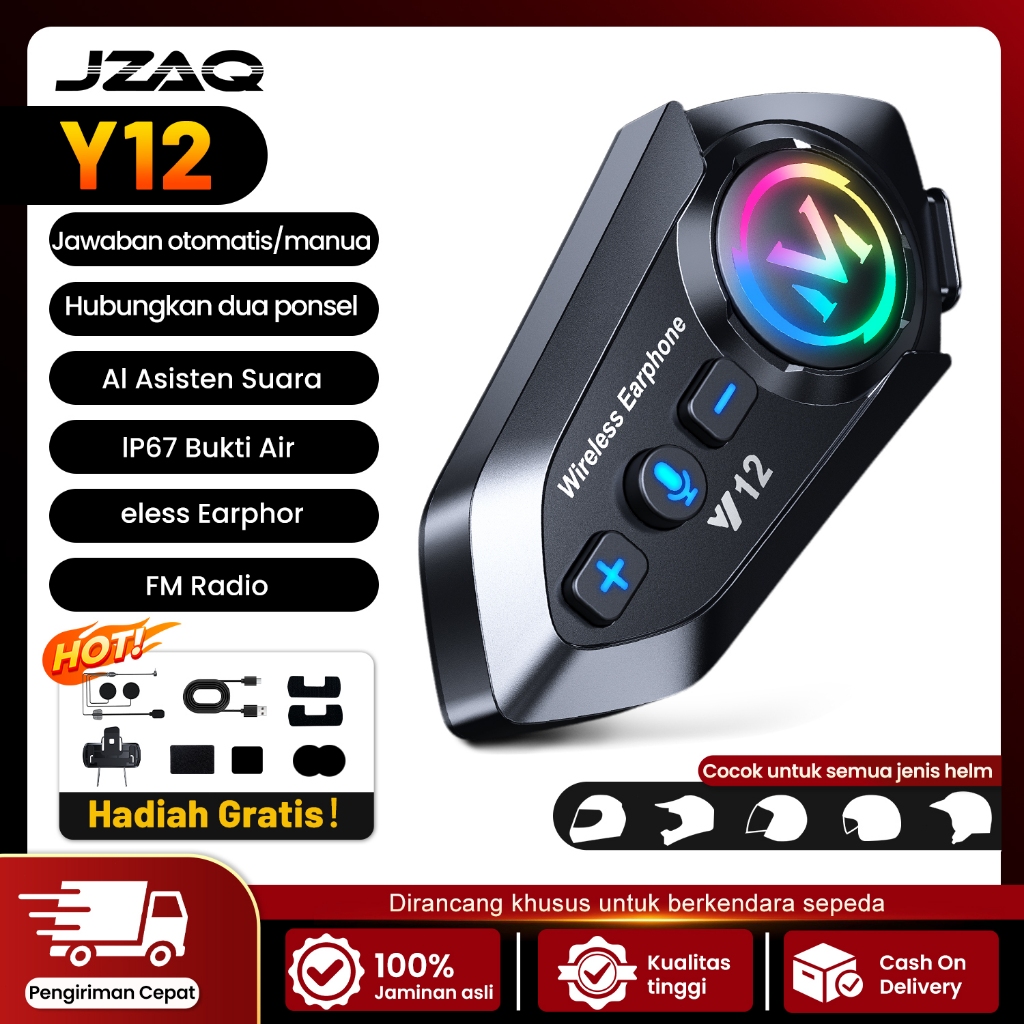 Jual JZAQ Y12 Headset Helm Bluetooth 1000mAh | Bluetooth 5.3 | Peredam ...
