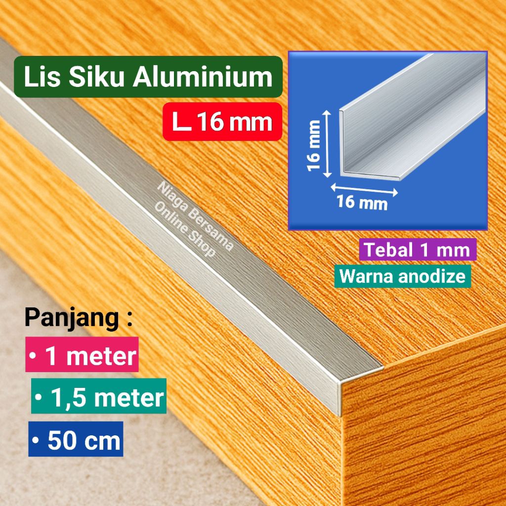 Jual Lis Aluminium Siku L 16 mm Panjang 1 Meter 1,5 meter 50 cm Equal ...