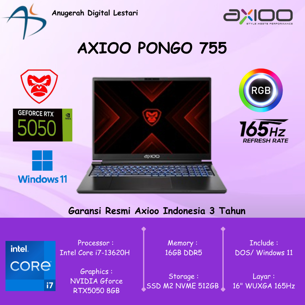 Jual Axioo Pongo 755 Core i7-13620H 16GB DDR5 512GB 15.6" WUXGA IPS ...