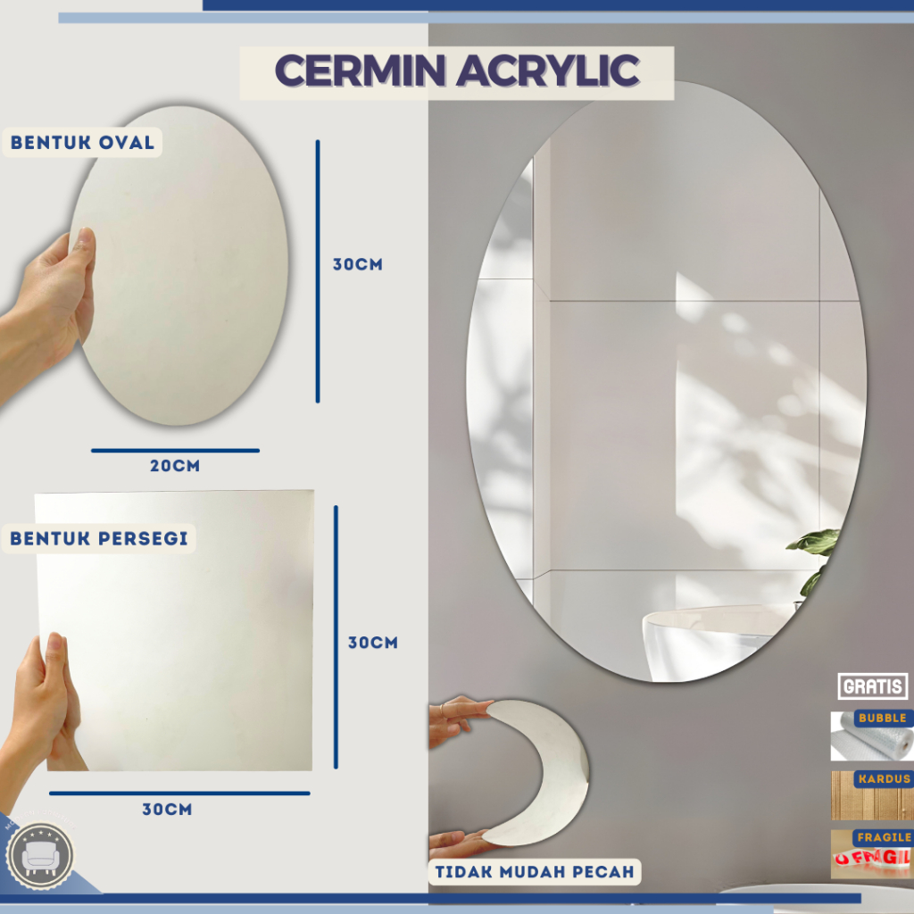 Jual CERMIN KACA DINDING OVAL/KOTAK STICKER ANTI PECAH ACRYLIC KACA ...