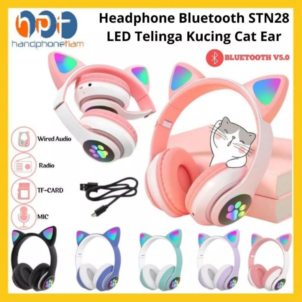 Jual Headphone Bluetooth STN28 LED Telinga Kucing Cat Ear Headset Bando ...