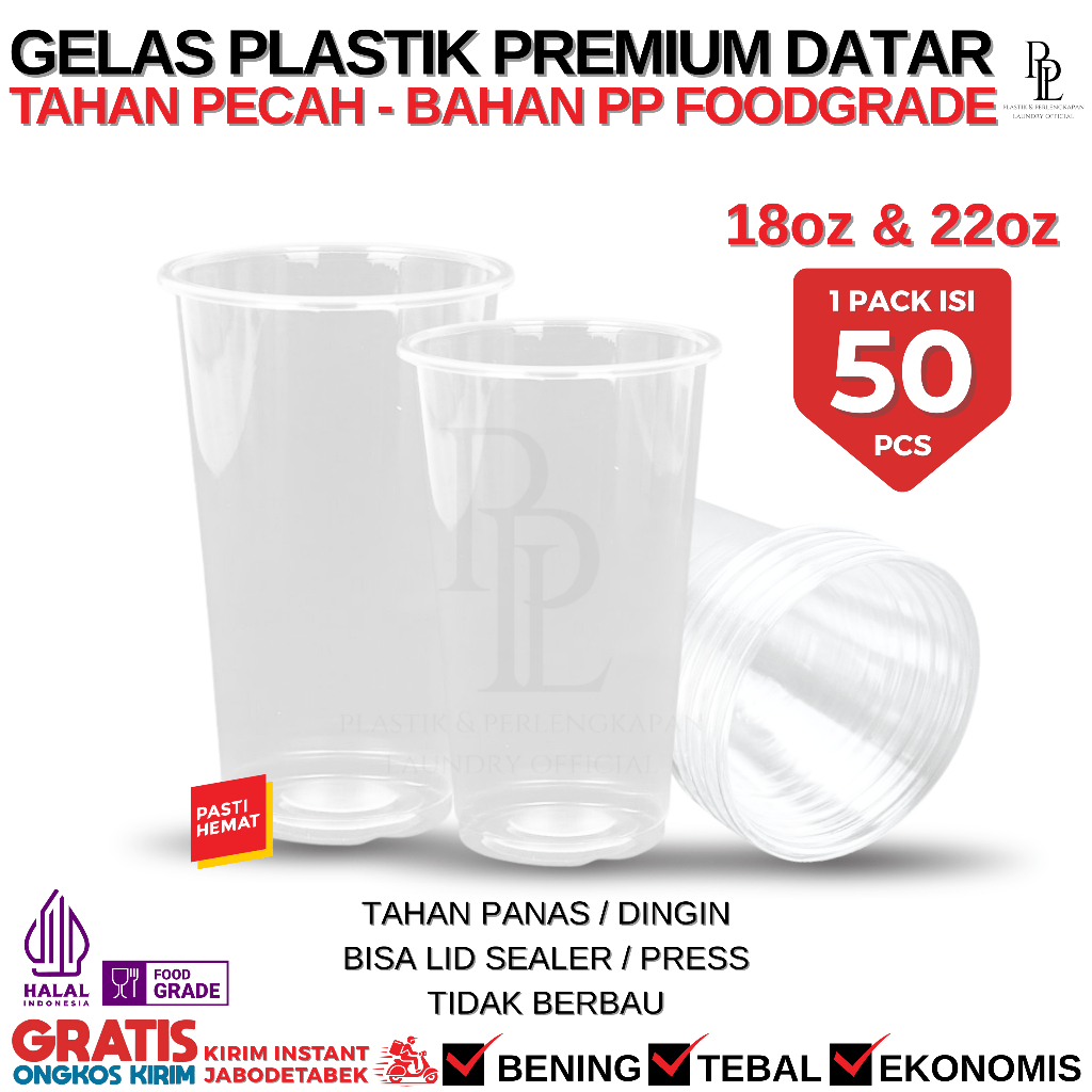Jual [DATAR] Gelas Plastik Premium Datar 18 & 22oz | PP Foodgrade Tahan Pecah | Gelas Plastik ES ...
